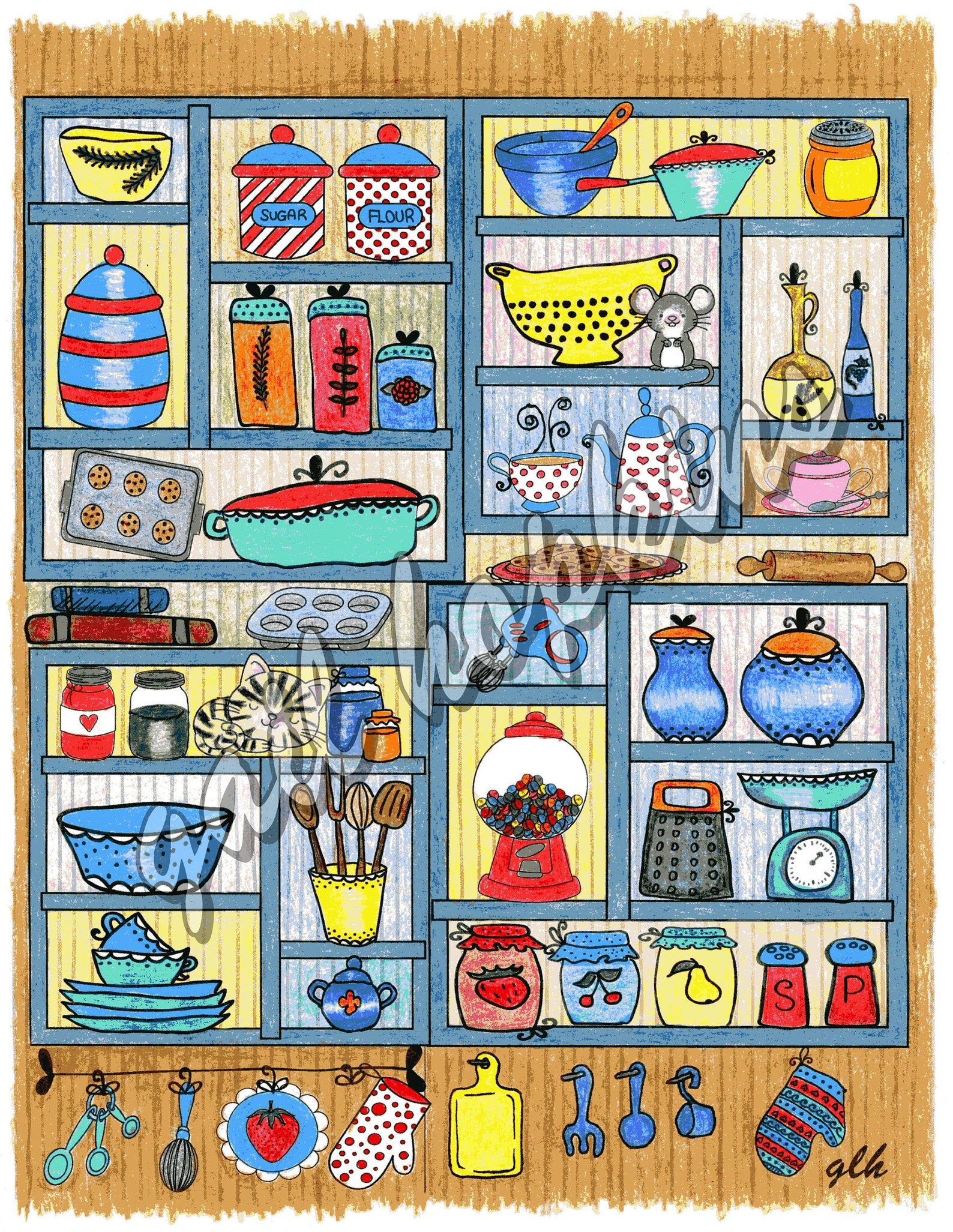 Vintage Kitchen Cubbies Coloring Page for Adults or Teen. Hand Drawn ...