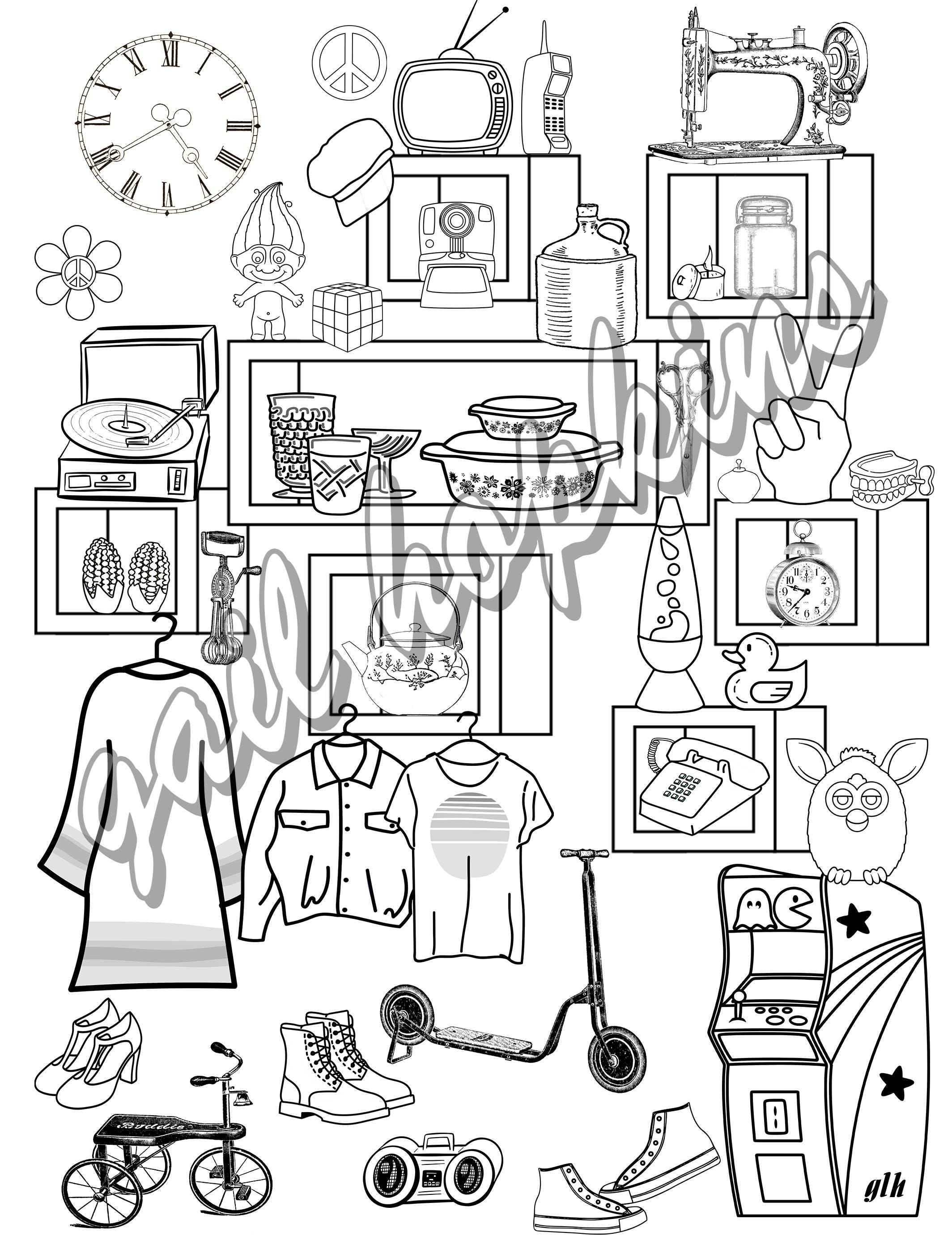 Vintage Shop Coloring Page. Memories of Days Gone By. Cute Retro Items ...