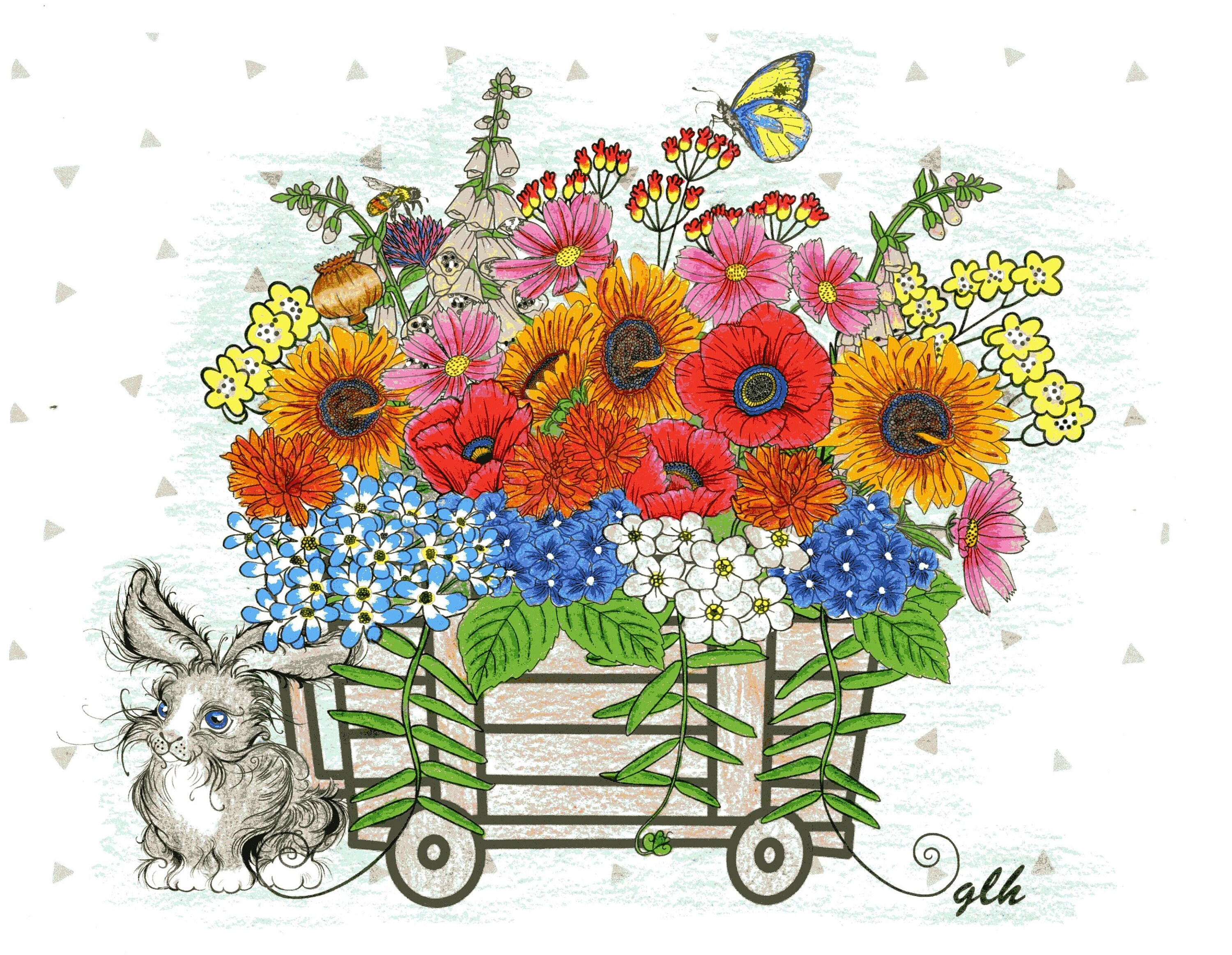Digital Download Coloring Page Rustic Wagon With Wildflowers to ...