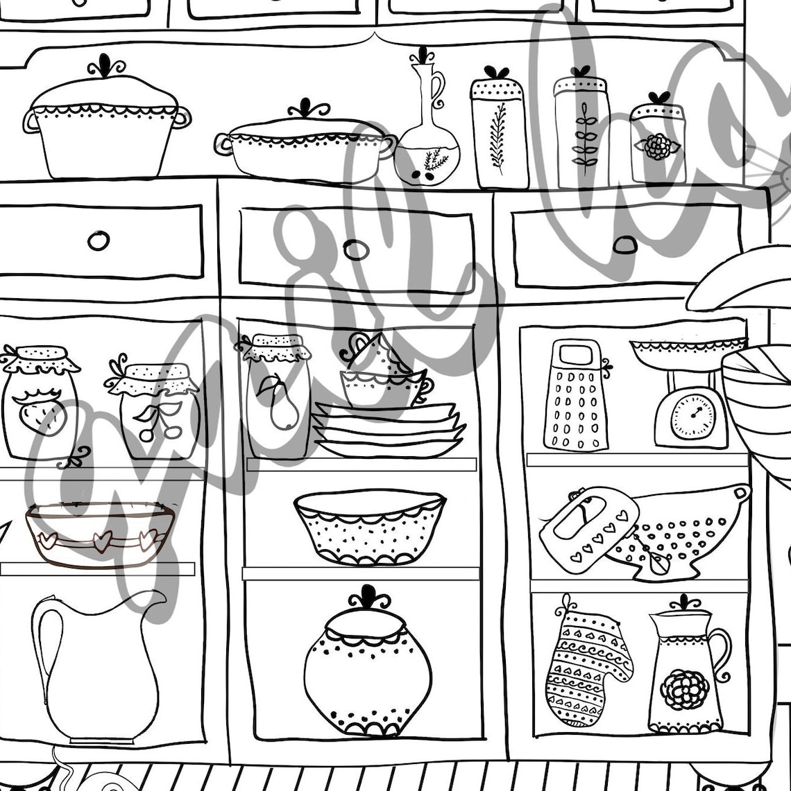 Cozy Kitchen Coloring Page Adult Teen Cute Doodle Style Hand Drawn ...