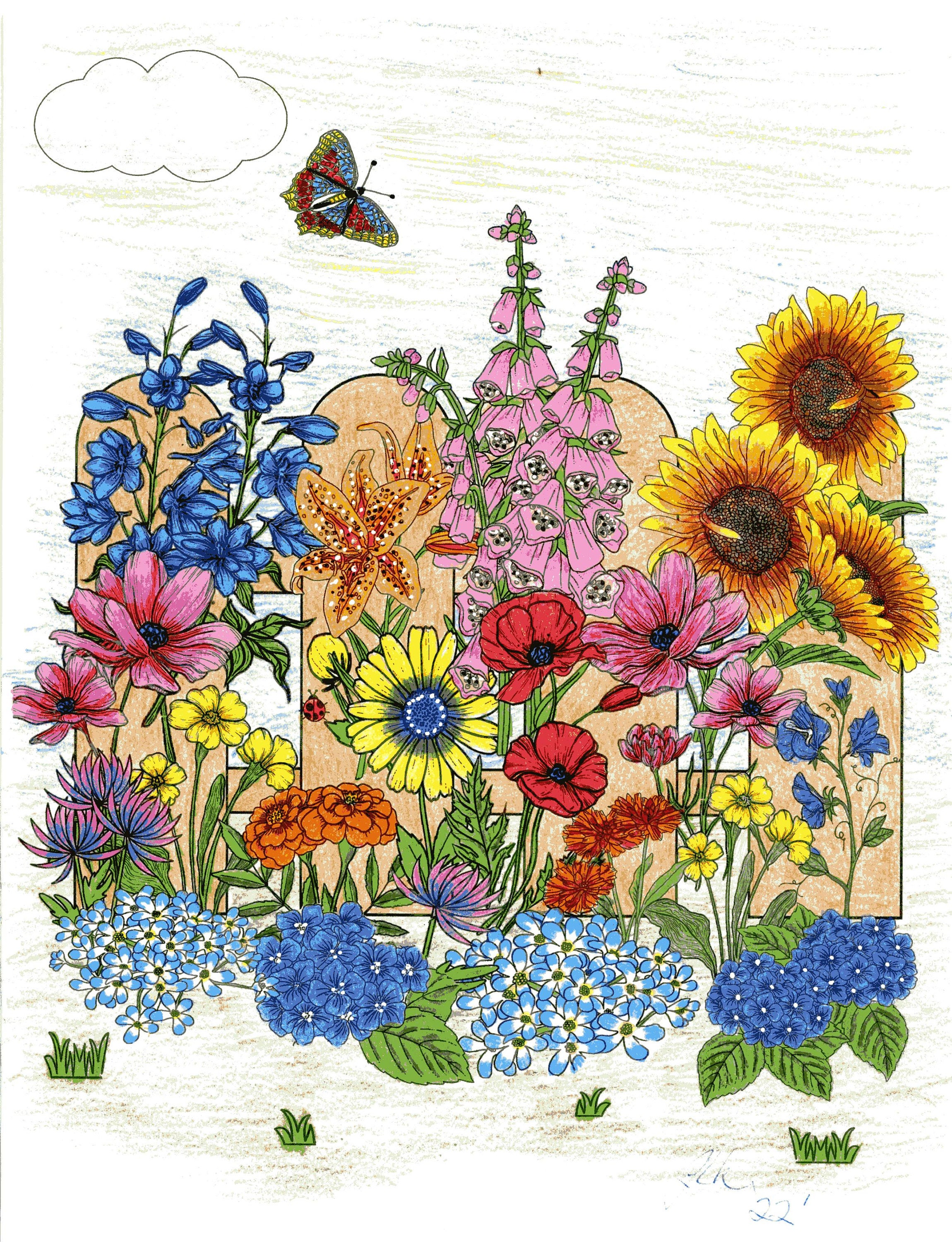 Perennial Flowers With Fence Digital Download Coloring Page Adult Teen ...