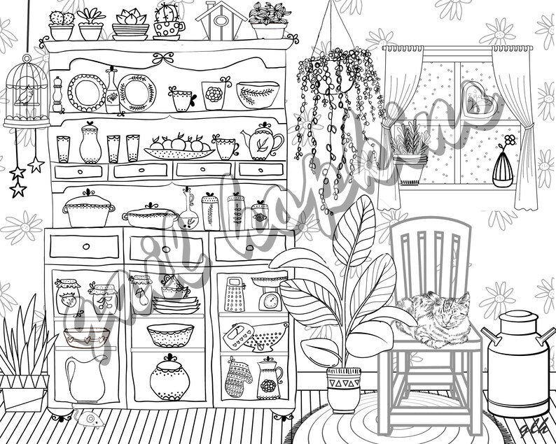 Cozy Kitchen Coloring Page Adult Teen Cute Doodle Style Hand Drawn ...