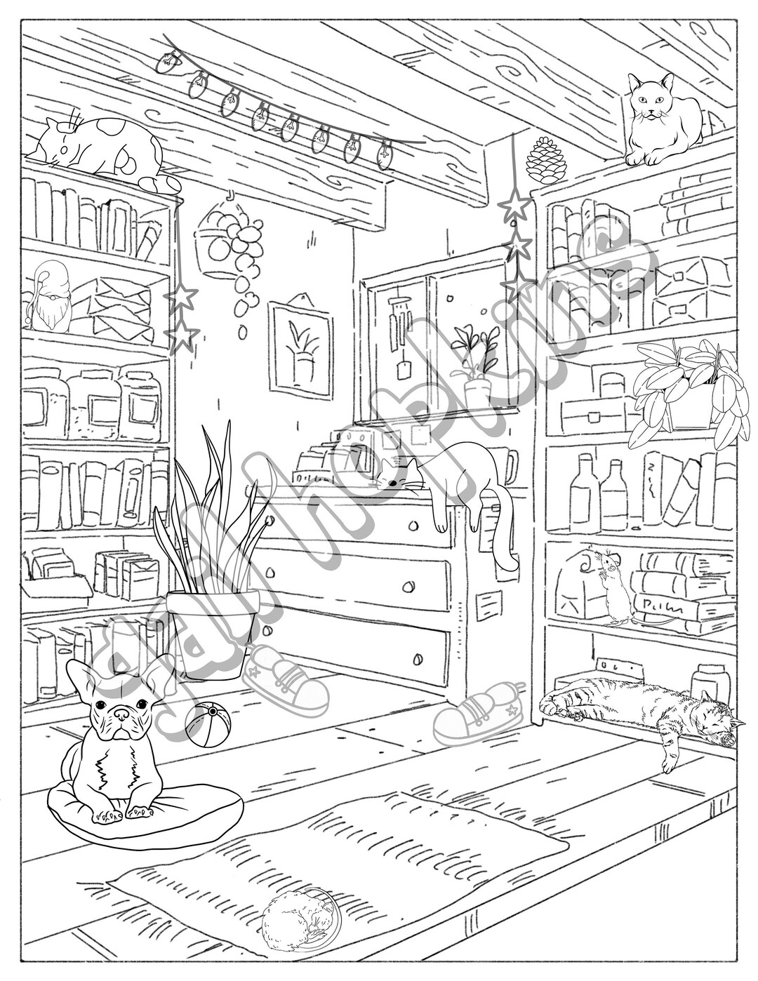 Cozy House Coloring Page, Cute Detailed Room With Books, Cats, Plants ...