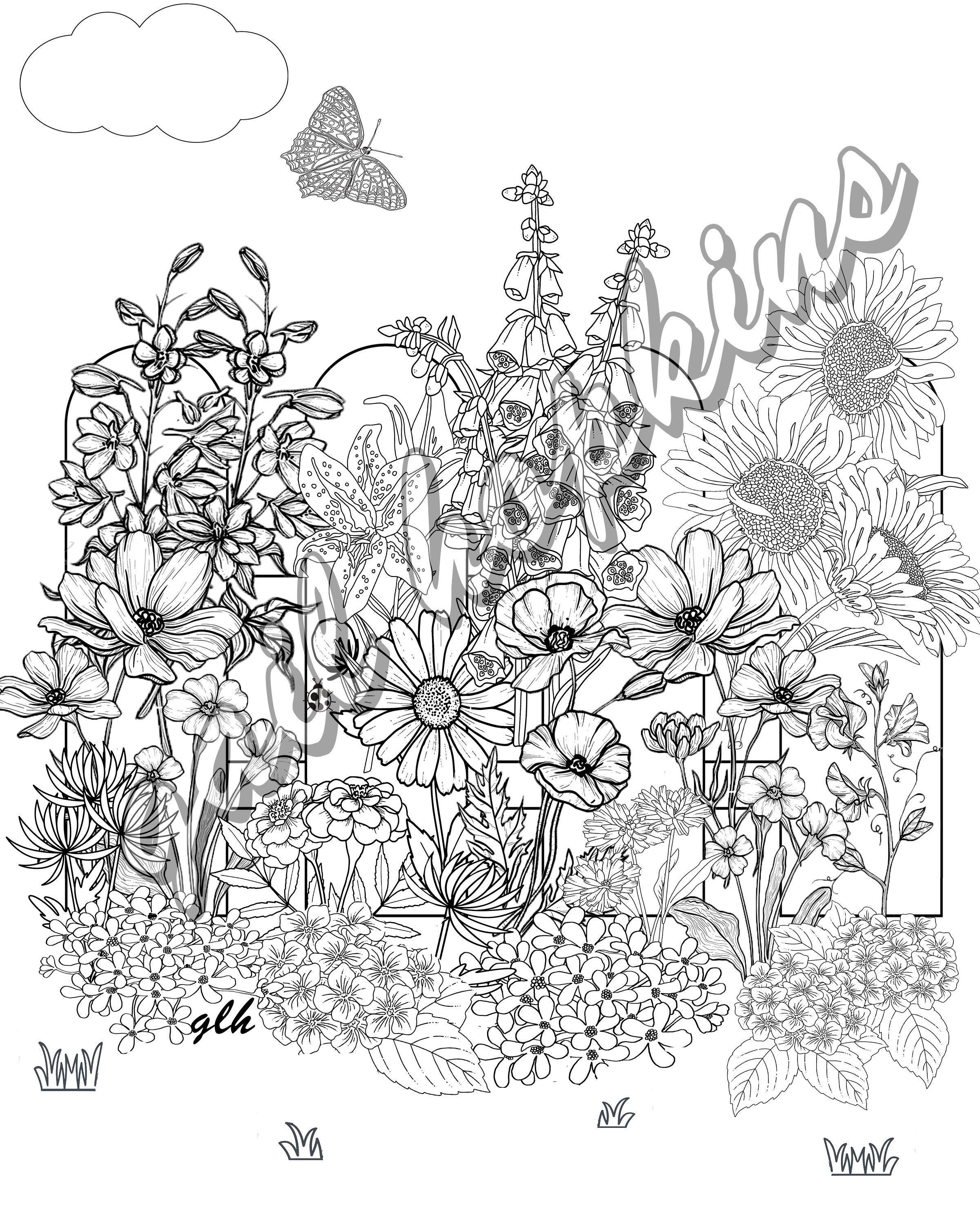 Perennial Flowers With Fence Digital Download Coloring Page Adult Teen ...