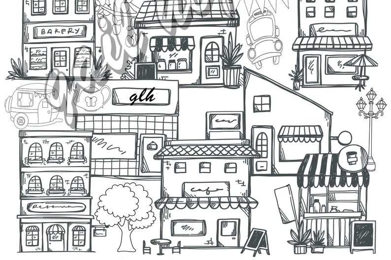 Village Coloring Page Shops Hand Drawn Digital Download - Etsy