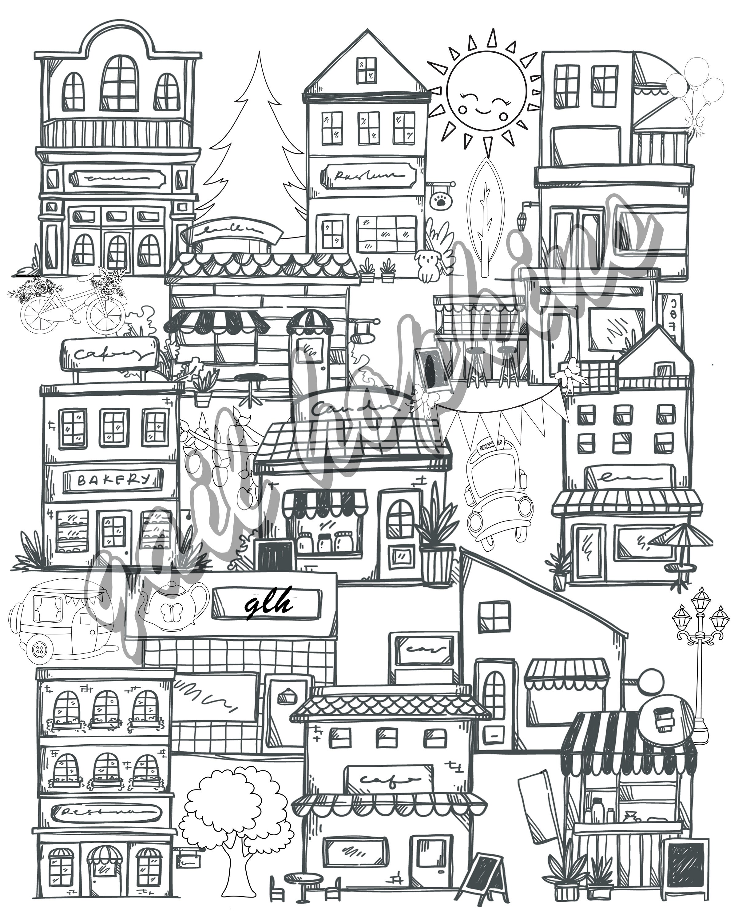 Village Coloring Page Shops Hand Drawn Digital Download - Etsy