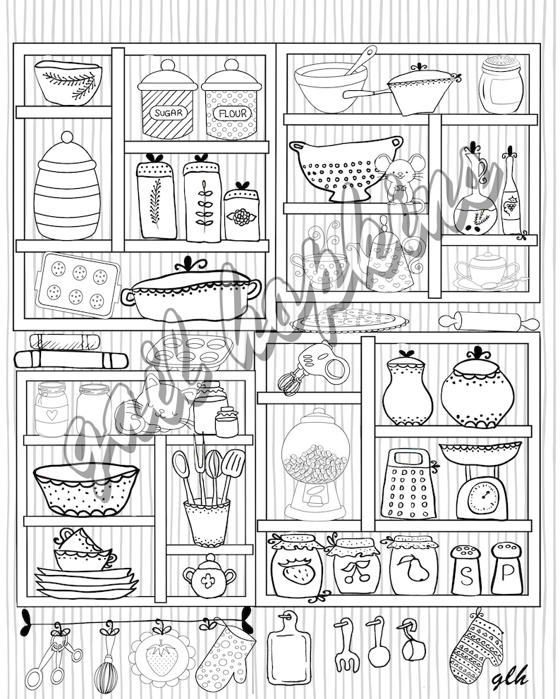 Vintage Kitchen Cubbies Coloring Page for Adults or Teen. Hand Drawn ...