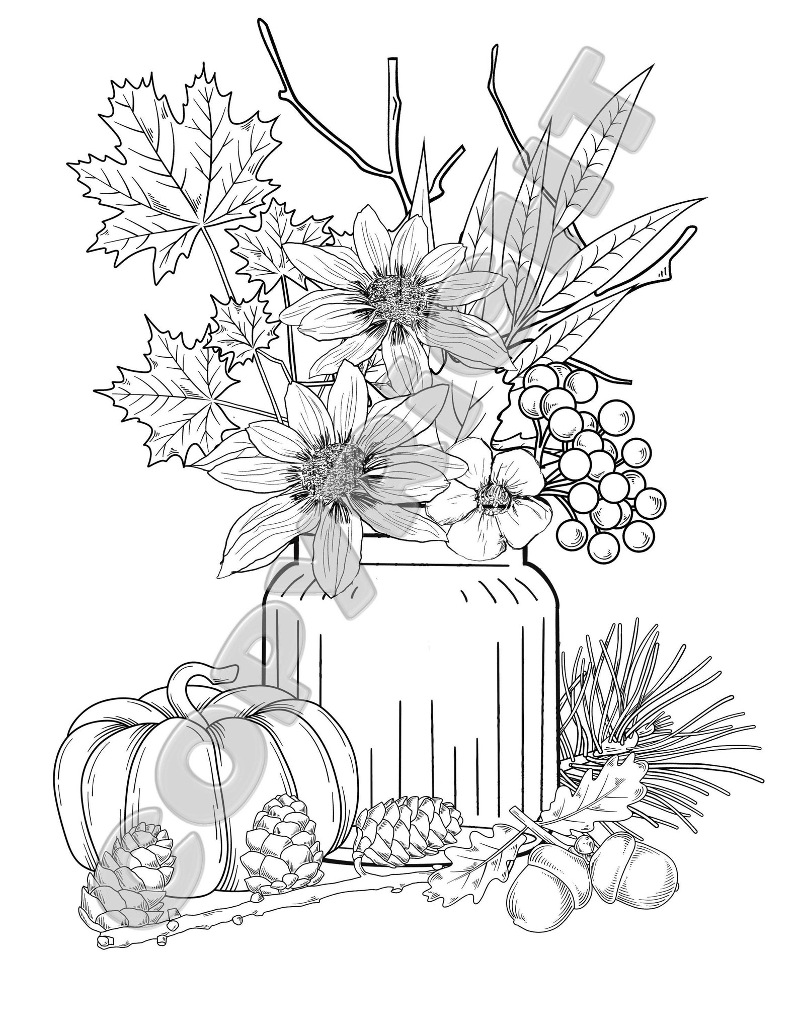 Autumn Arrangement Coloring Page, Fall Foliage, Pumpkin, Pine Cone ...
