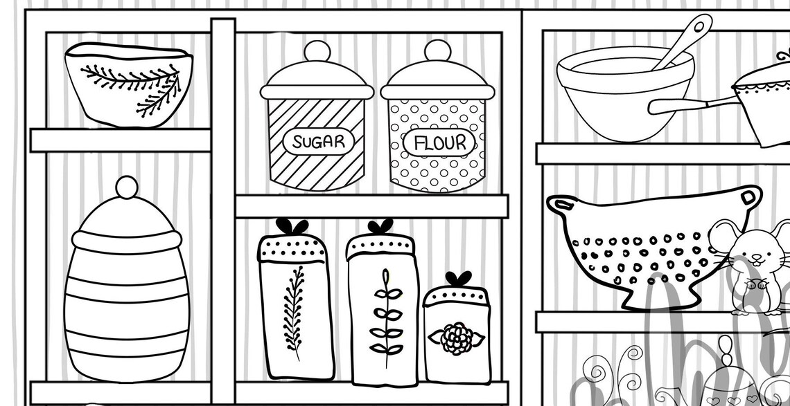 Vintage Kitchen Cubbies Coloring Page for Adults or Teen. Hand Drawn ...