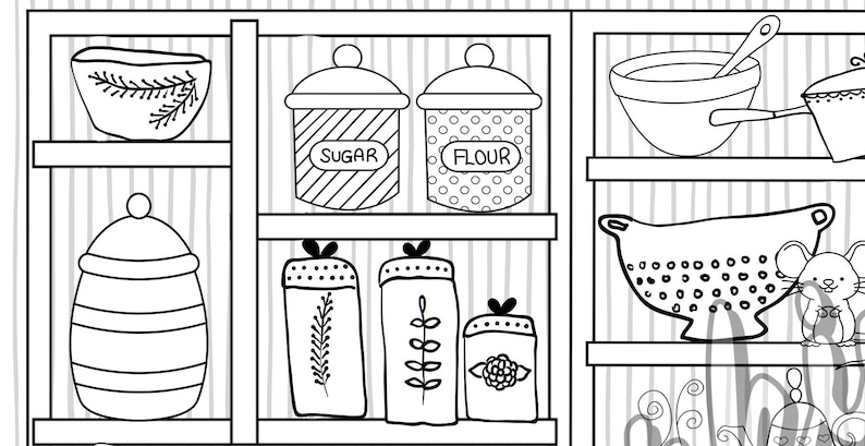 Vintage Kitchen Cubbies Coloring Page for Adults or Teen. Hand Drawn ...