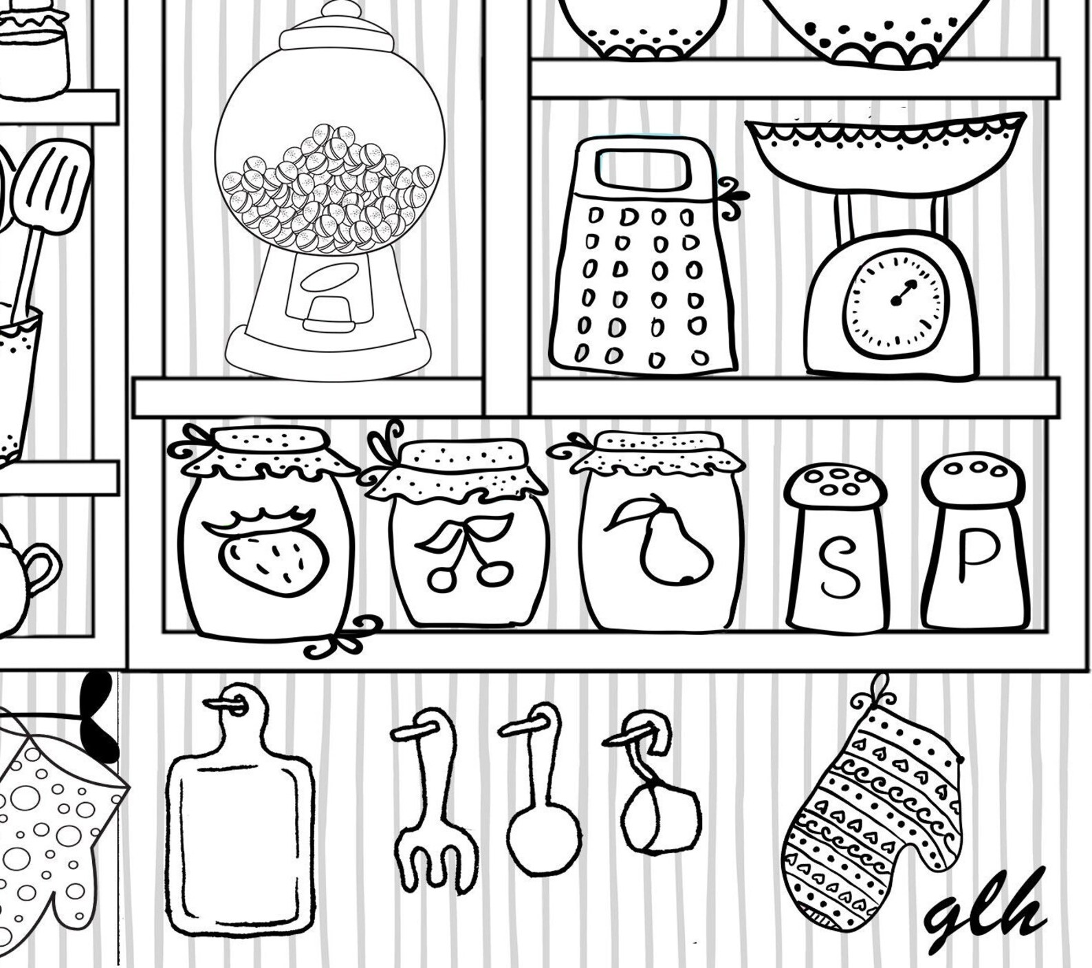Vintage Kitchen Cubbies Coloring Page for Adults or Teen. Hand Drawn ...