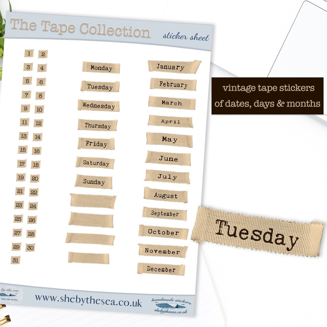 Dates Days and Month Stickers Featuring Vintage Tape. Unique Date Dots ...
