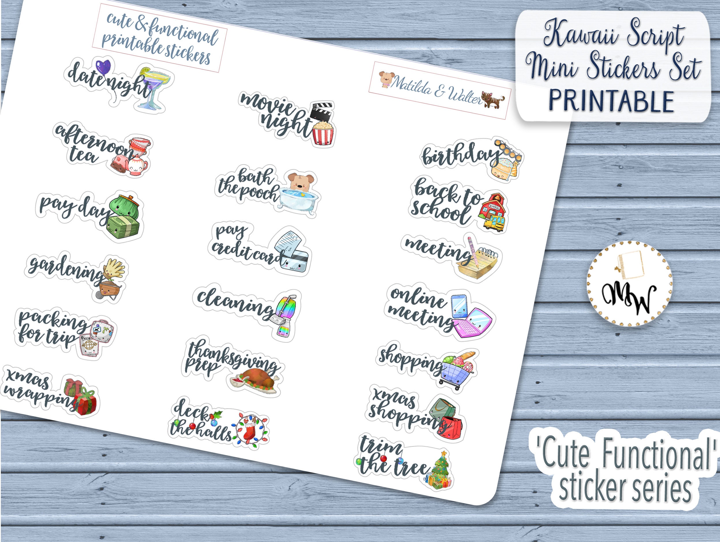 Printable Kawaii Stickers Set | Mini Assorted Planner Stickers | BUJO ...