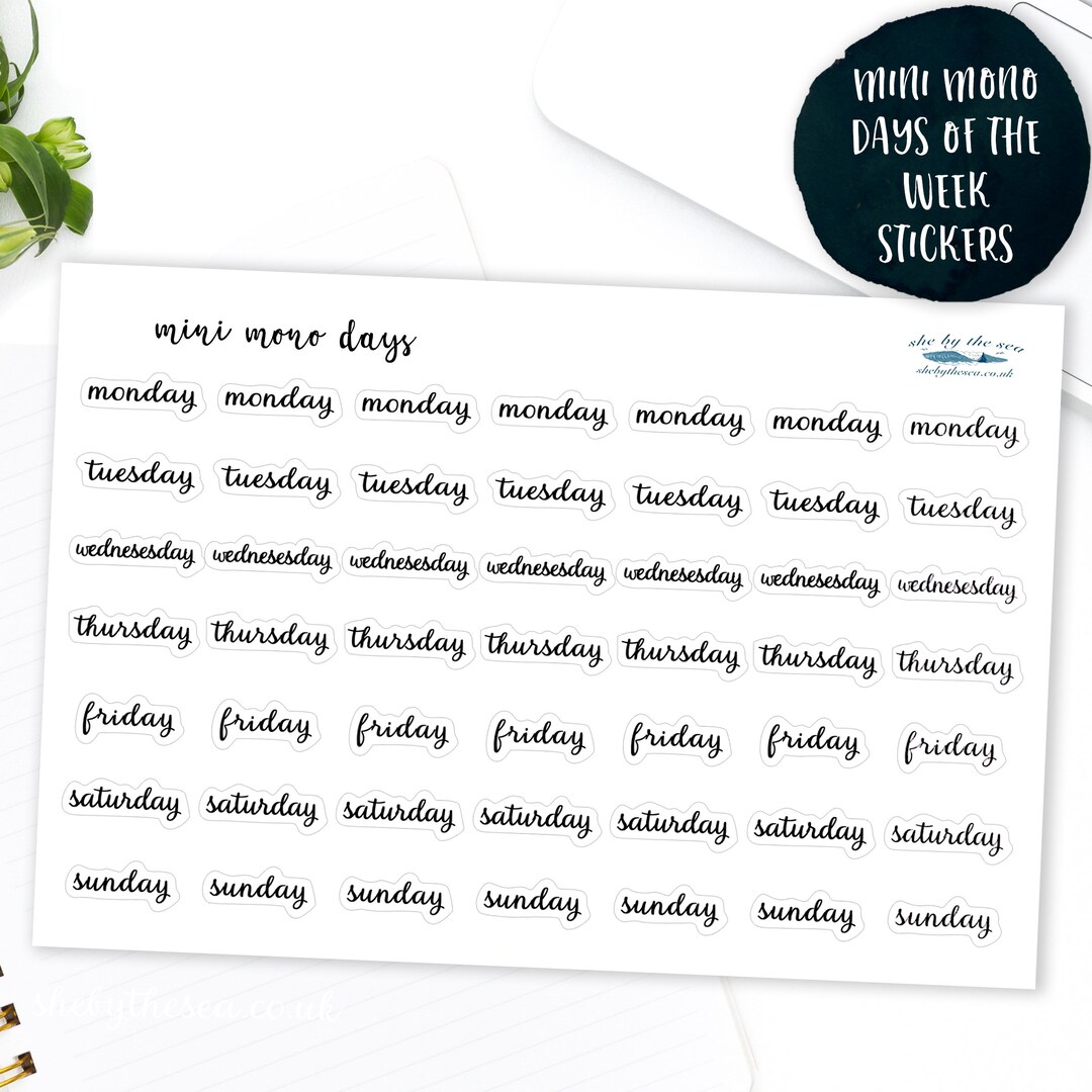 Mono Days of the Week Script Stickers Black & White - Monday to Sunday ...