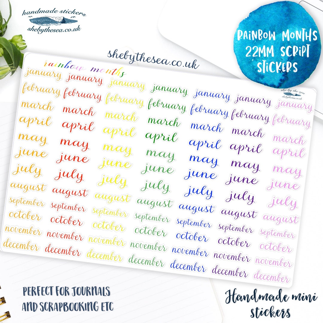 Months of the Year Stickers, 29mm Rainbow Coloured Labels, 84 Cursive ...