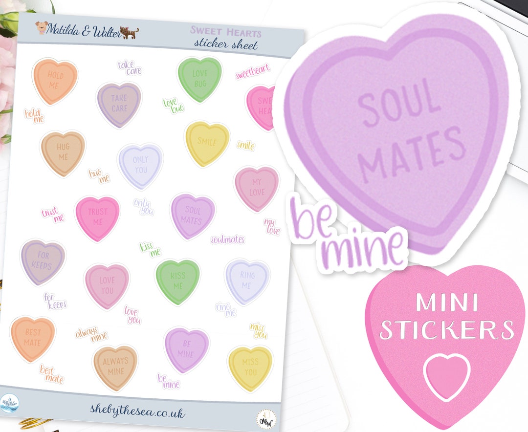 Love Hearts Stickers Sheet | Mini Text Heart Stickers | Handmade Pastel ...