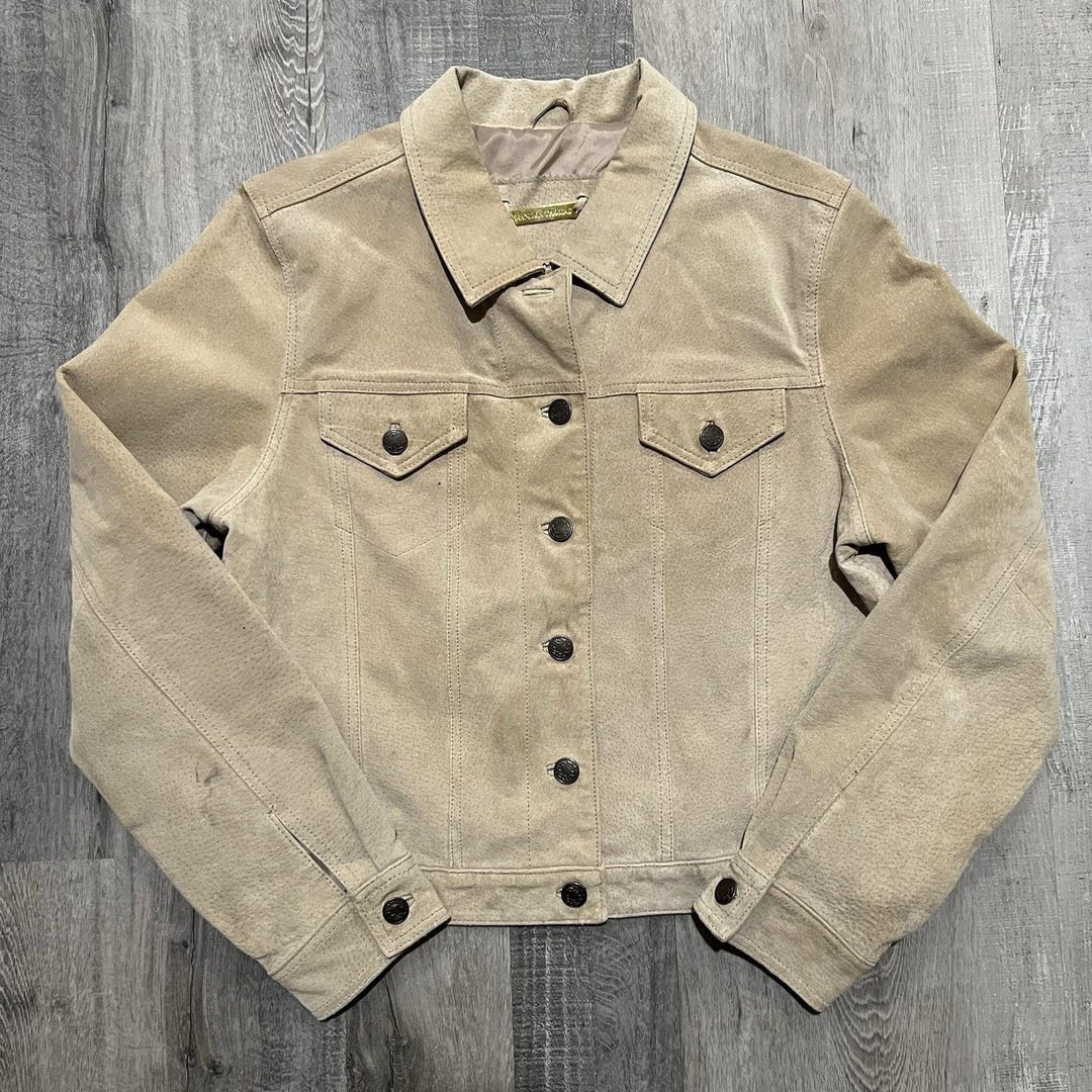 VTG Brandon Thomas Beige Suede Embroidered Rose Trucker Leather Biker ...