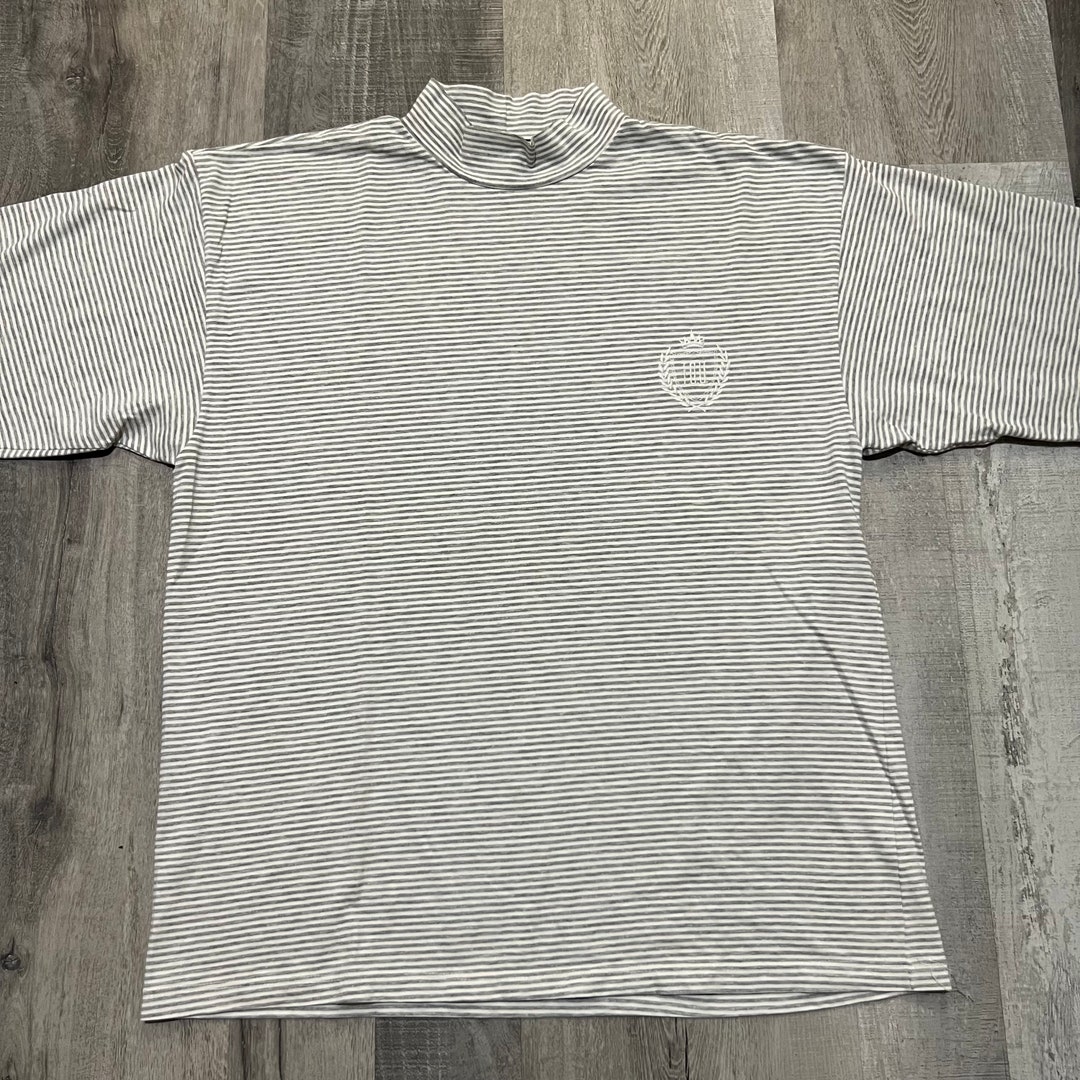Vintage I.O.U. Grey/white Thin Striped Crest Logo Relaxed Mock Neck T ...