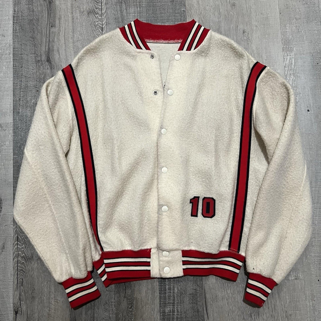 VTG 40s 50s RAWLINGS Knitwear Snap Front Warm-up Fleece Striped Bomber ...