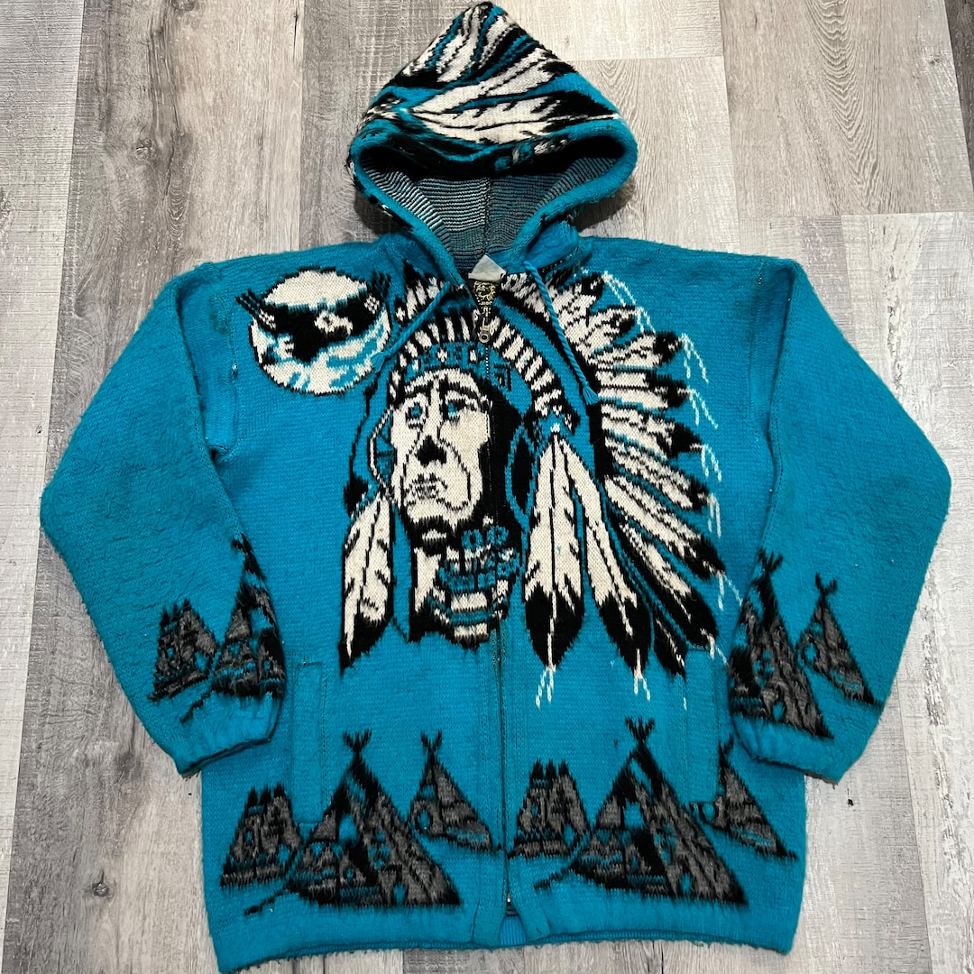 VTG Tejidos Ruminahui Teal Blue Fuzzy Alpaca Wool Hooded Navajo Indian ...
