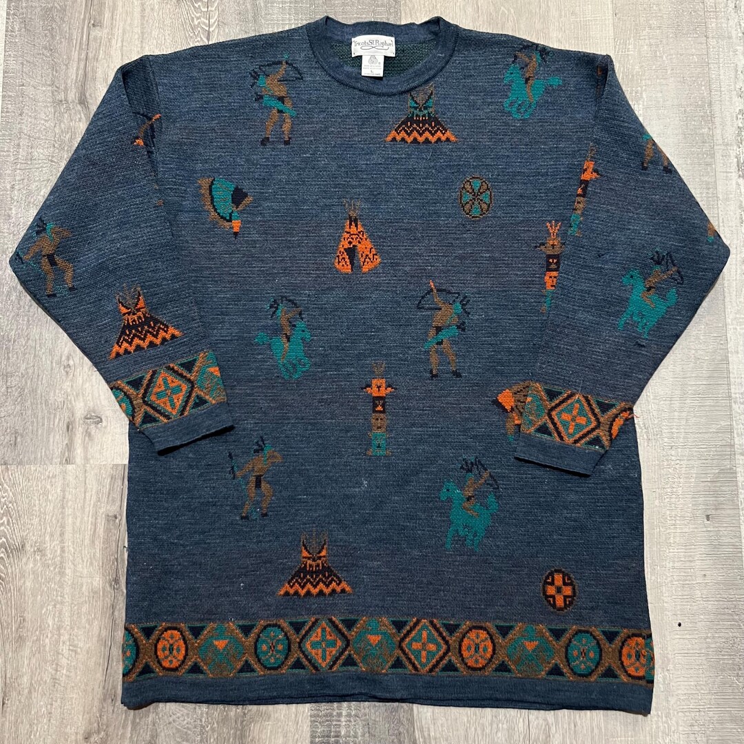 VTG Tricots St. Raphael Wool Knit Native American Print Teepee Indian ...