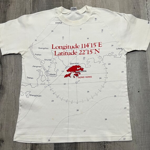 VTG Dim Sum Hong Kong Map Coordinates AOP 90s China T… - Gem
