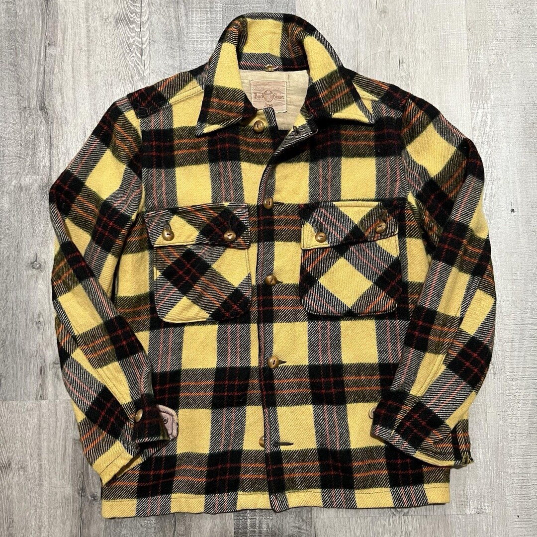 Vintage 1950s Buck Skein Joe Yellow Plaid Wool Flannel Shirt Shacket Sz ...