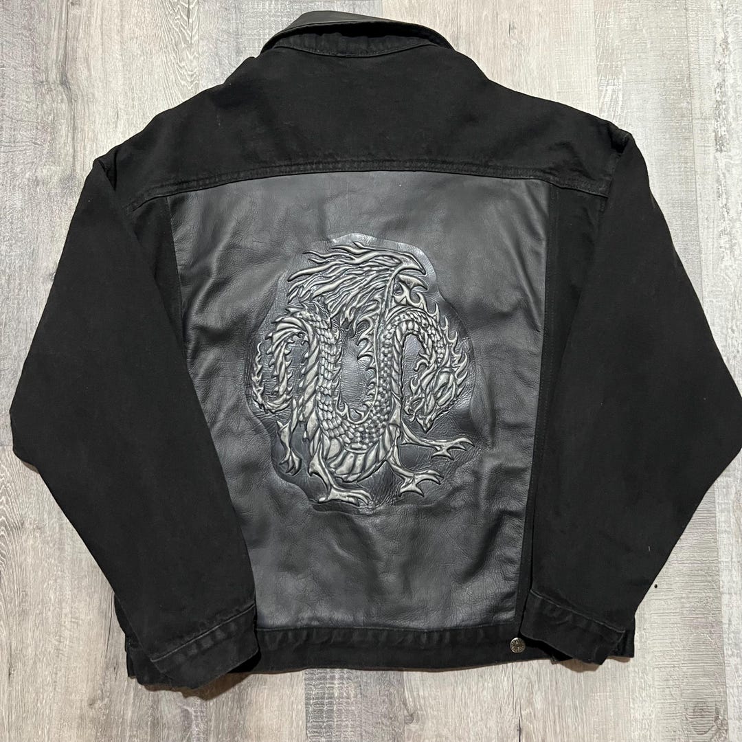 VTG Black Denim 90s TYCA Leather Dragon Biker Embossed USA Jean Trucker ...