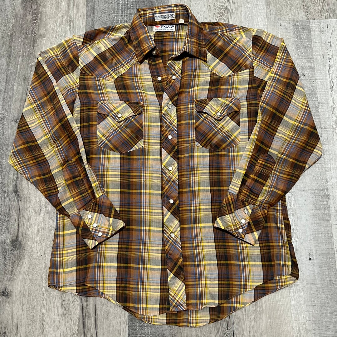 Vintage Envoy 1980s Perma Press Brown/yellow Plaid Pearl Snap Western ...