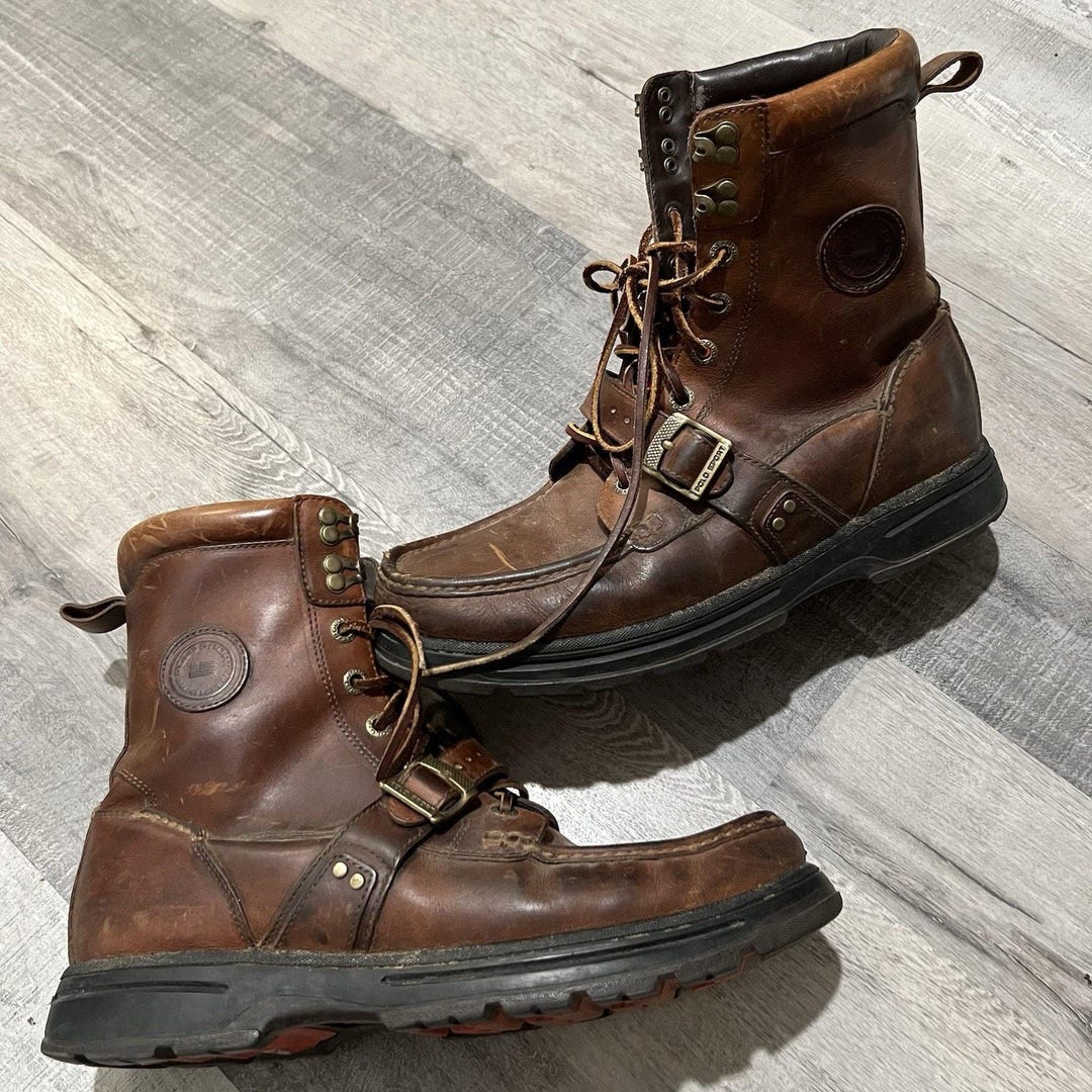 VTG Polo Sport Ralph Lauren Brown Leather Ranger Cookie Boots Strap ...