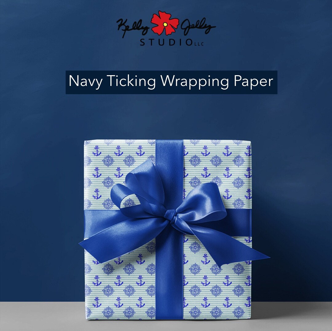 Nautical Wrapping Paper: Navy Ticking With Anchors & Compasses, Navy ...