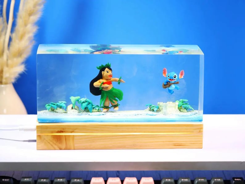 Lilo Stitch Diorama Epoxy Resin Wood Lamp Night Light Unique Her Him ...