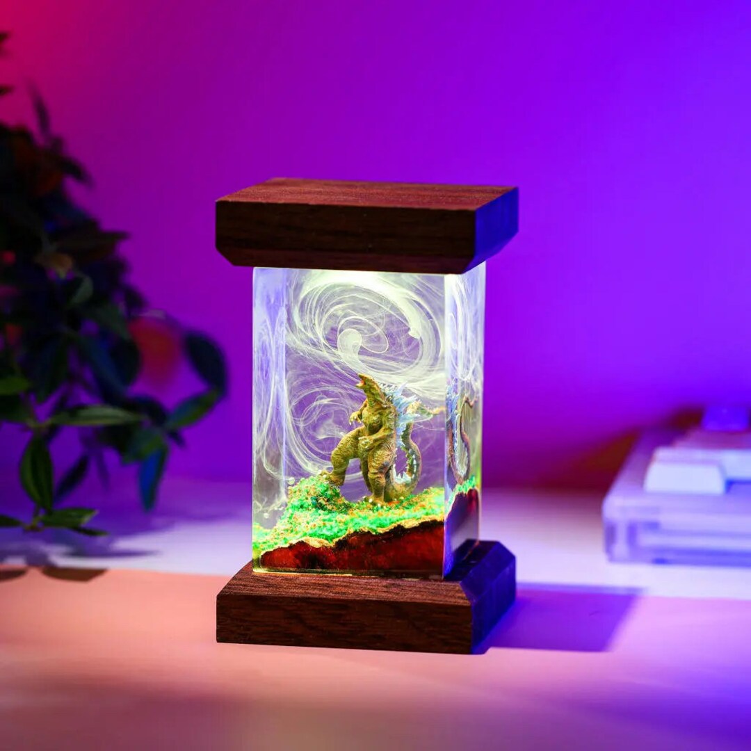 GODZILLA Epoxy Resin Wood Lamp Night Light Unique Her Him Mom Dad Kid ...