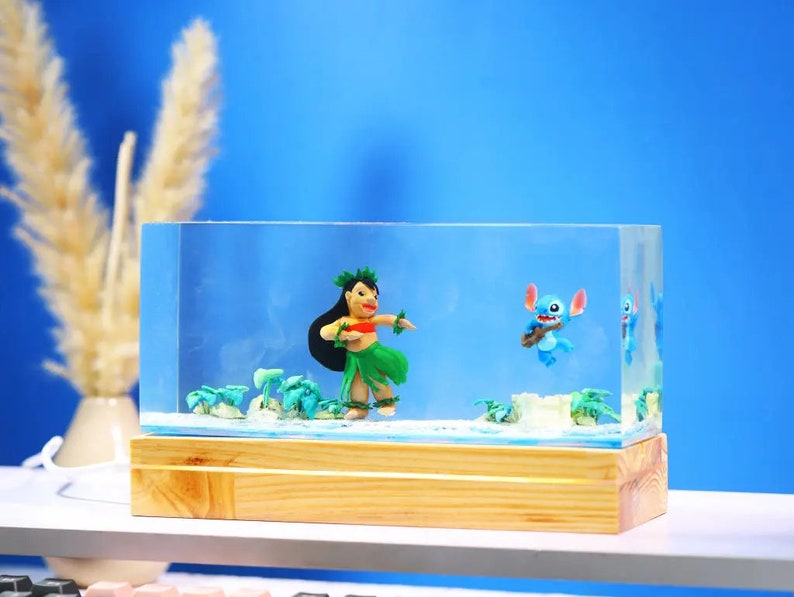 Lilo Stitch Diorama Epoxy Resin Wood Lamp Night Light Unique Her Him ...