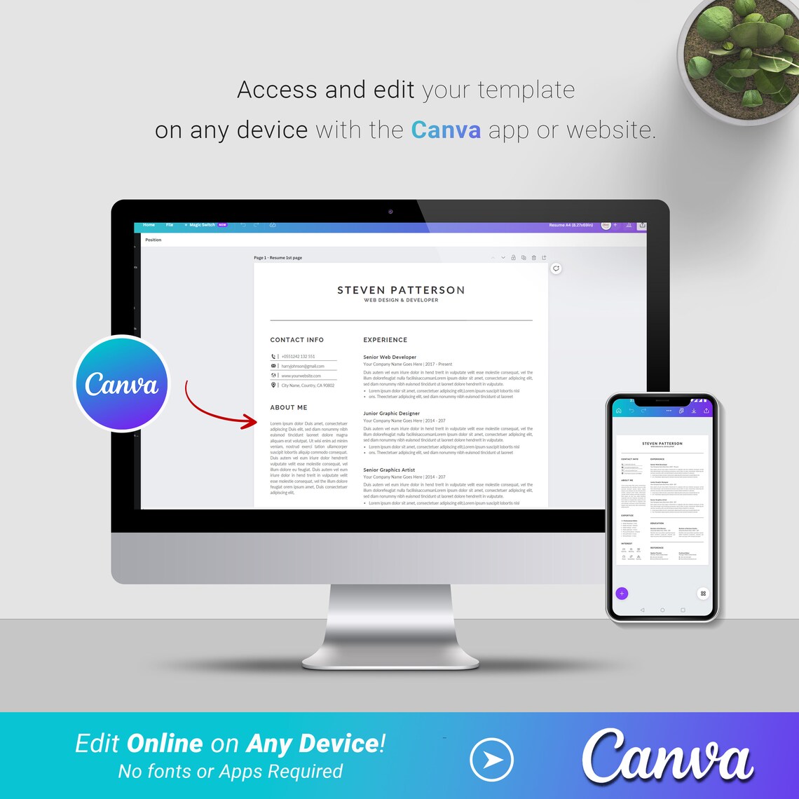 Canva Resume Template Modern & Professional Resume Template for Word CV ...