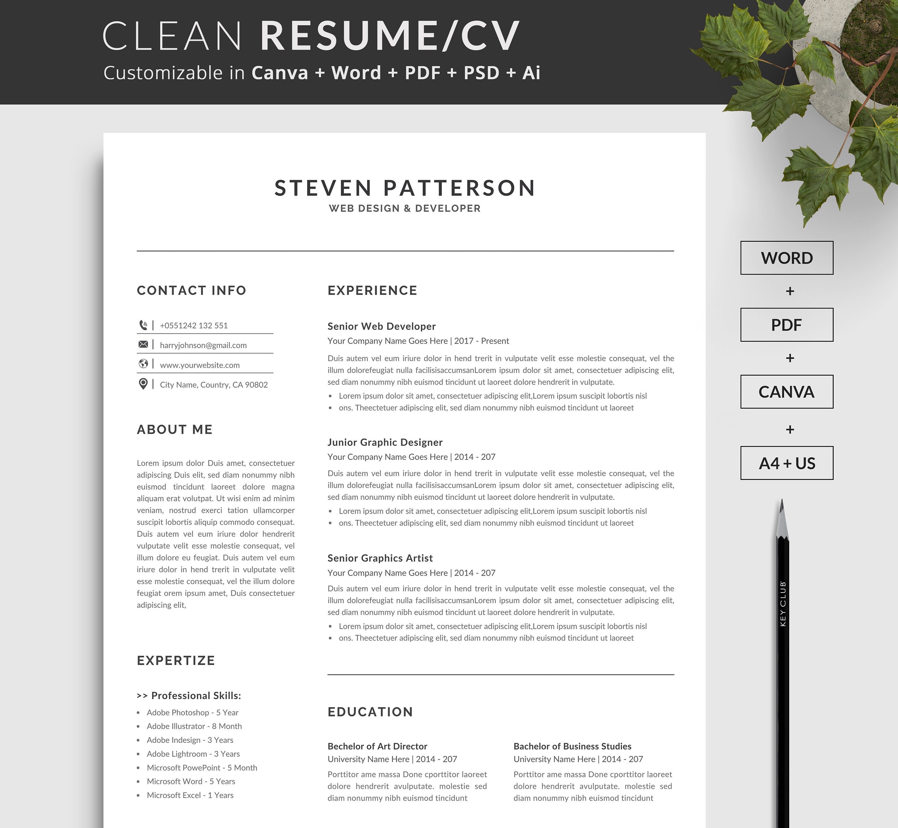 Canva Resume Template Modern & Professional Resume Template for Word CV ...