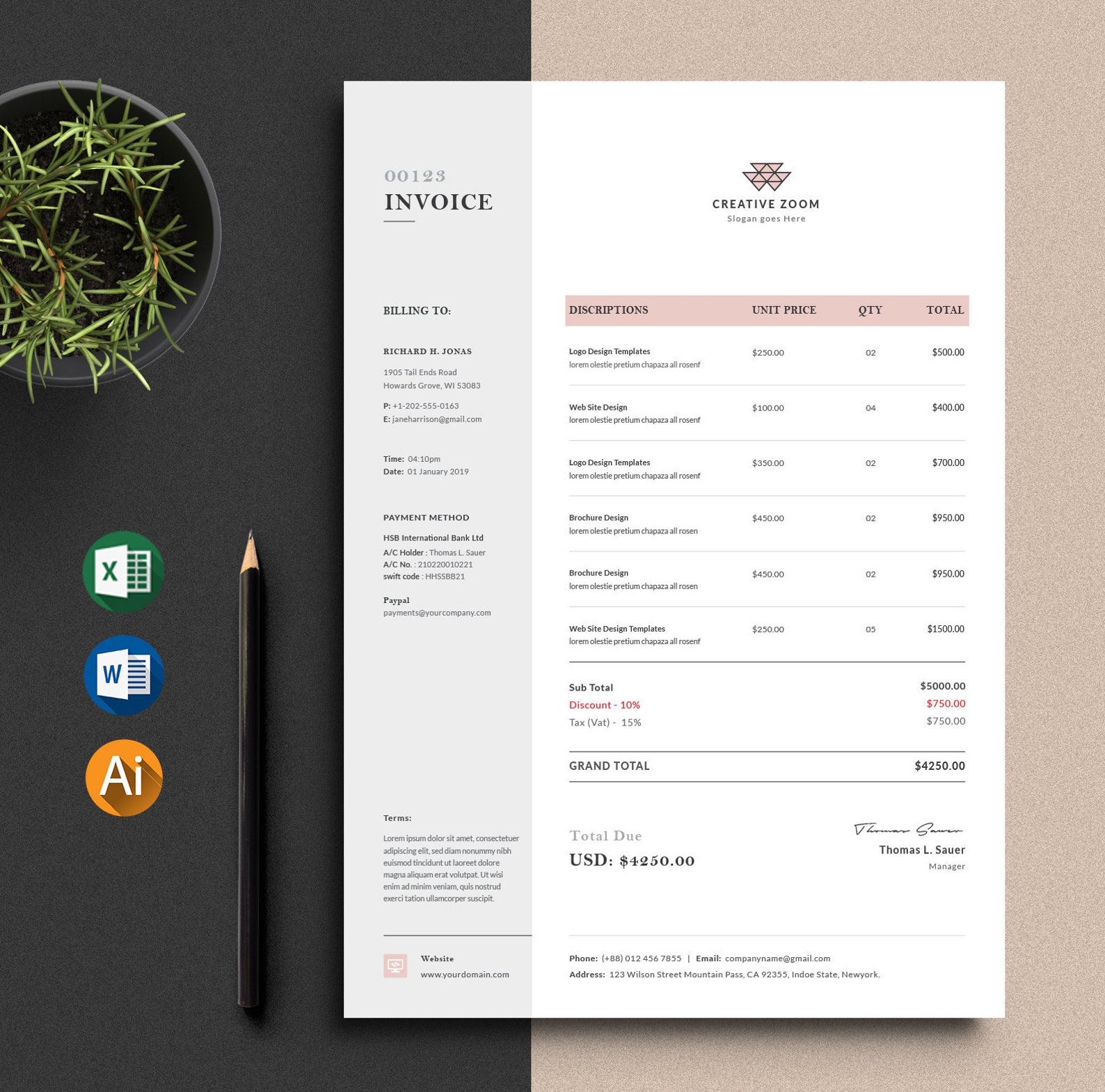 Invoice Template MS Excel Auto Calculation Features | Etsy