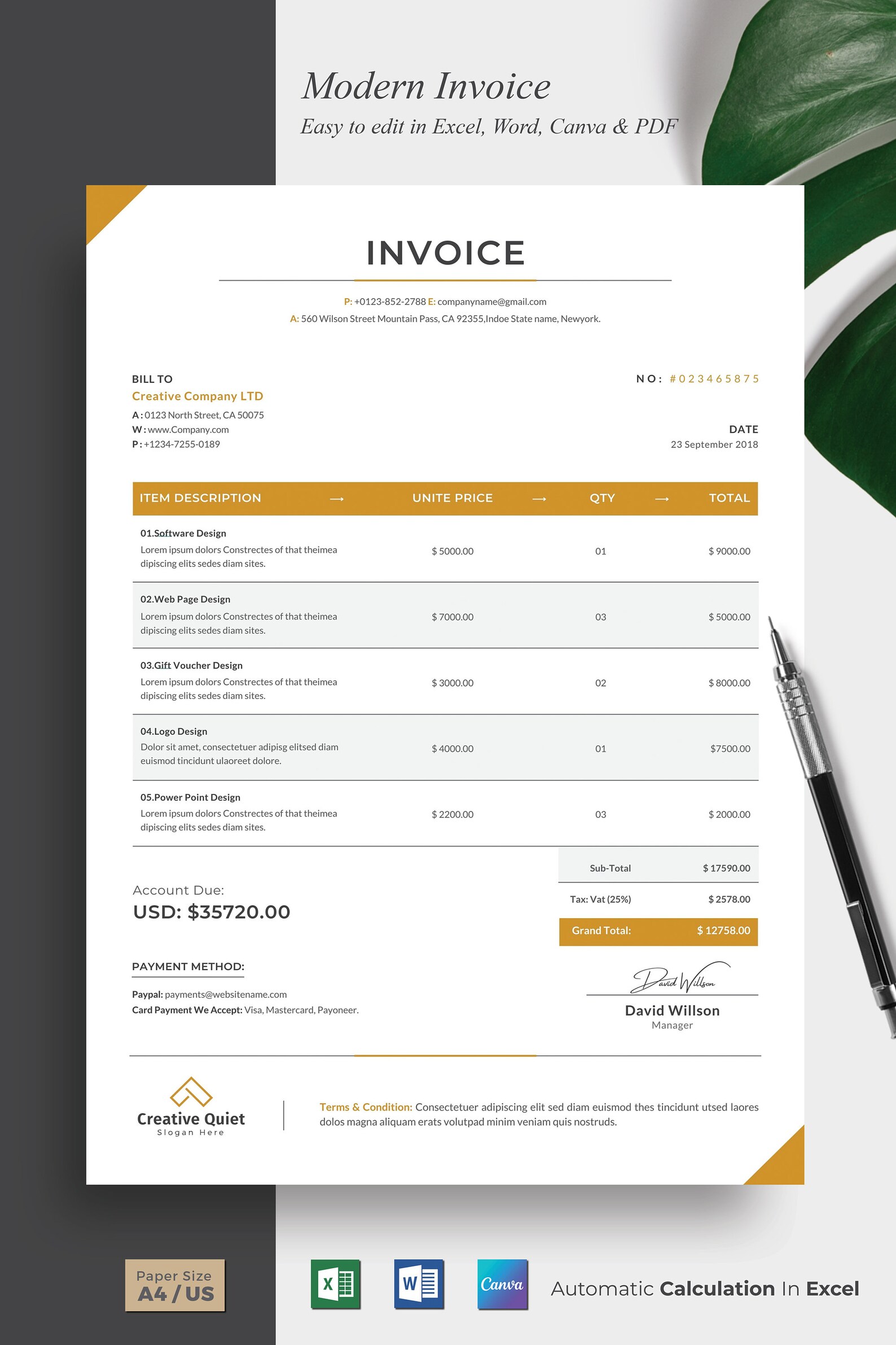 Printable Invoice Estimate Template, Editable Template, Invoice ...