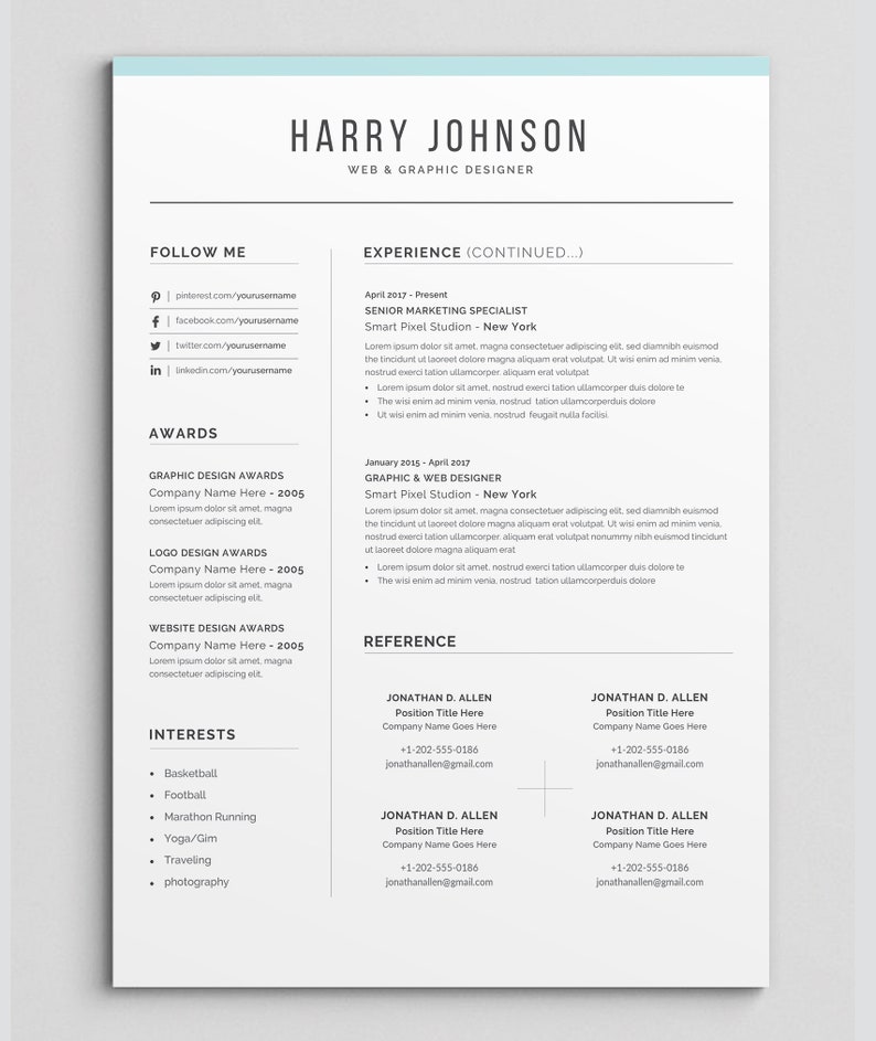 Resume Template Modern & Professional Resume Template for - Etsy