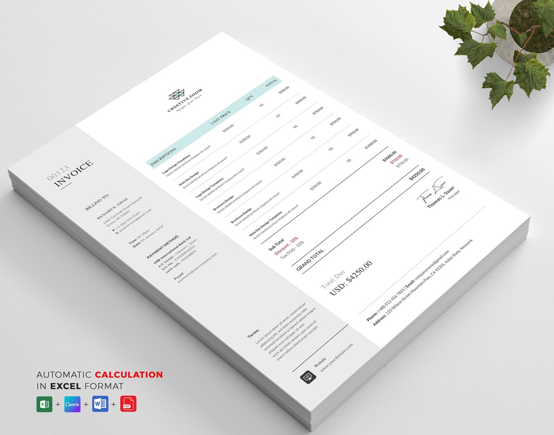 Invoice Template MS Excel Auto Calculation Features Business Invoice ...