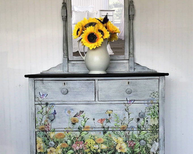 Antique Jacobean Buffet/sideboard/hand-painted Black/decoupage Floral ...