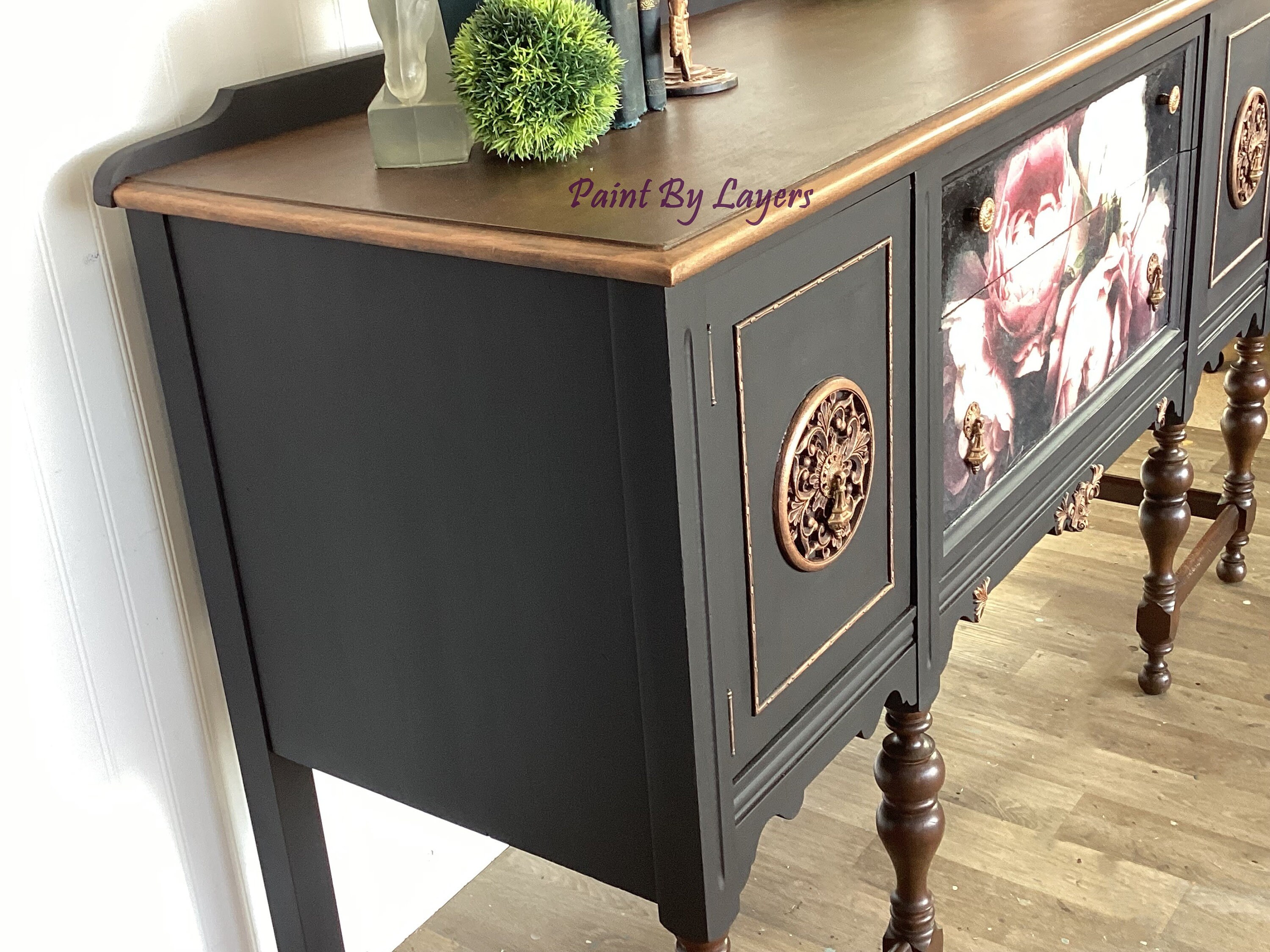 Antique Jacobean Buffet/sideboard/hand-painted Black/decoupage Floral ...