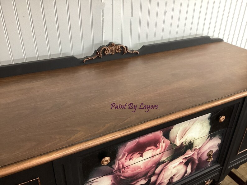 Antique Jacobean Buffet/sideboard/hand-painted Black/decoupage Floral ...
