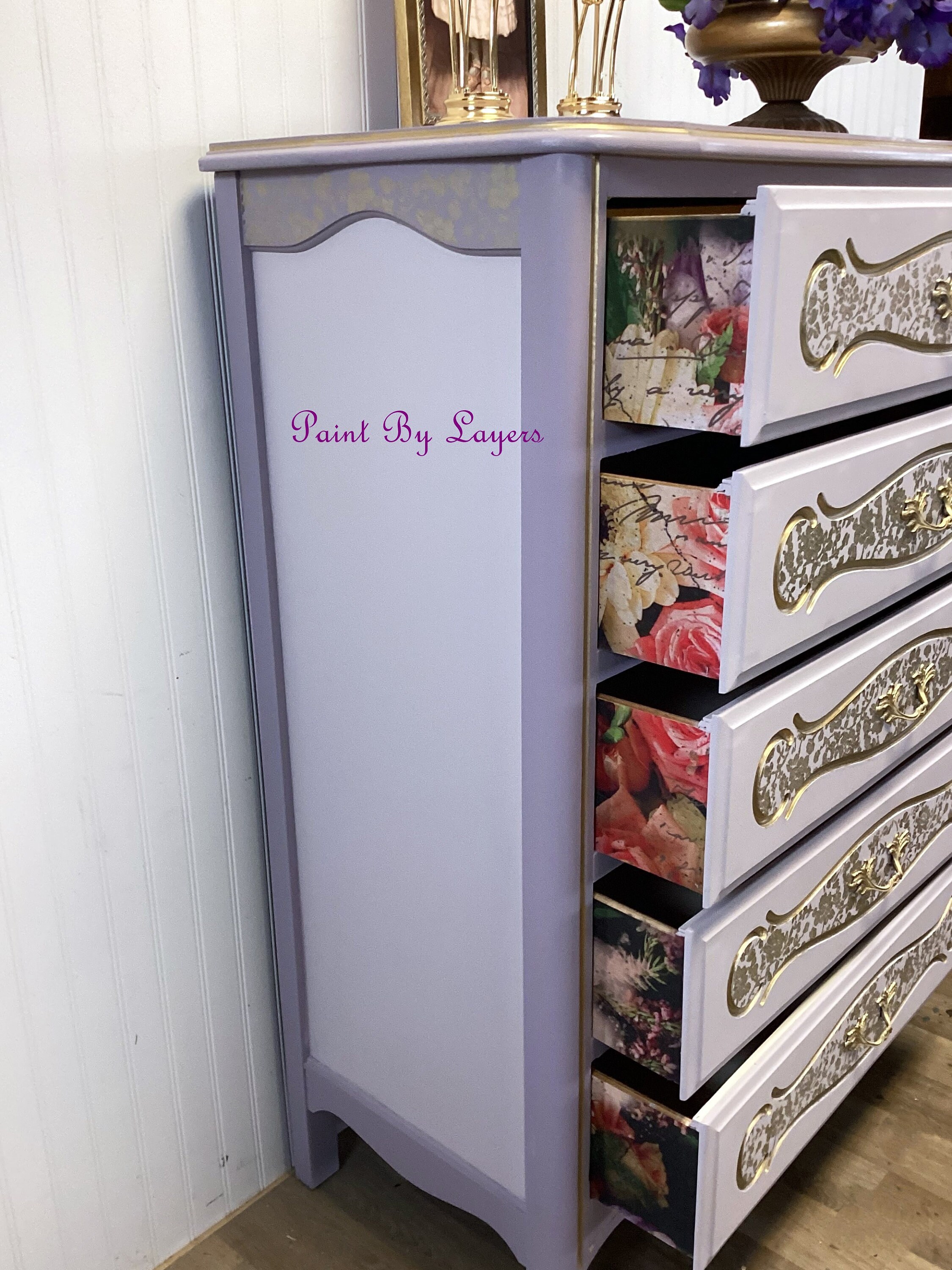 French Provincial Highboy Dresser/ Lavender and Gold Dresser/ Bedroom ...