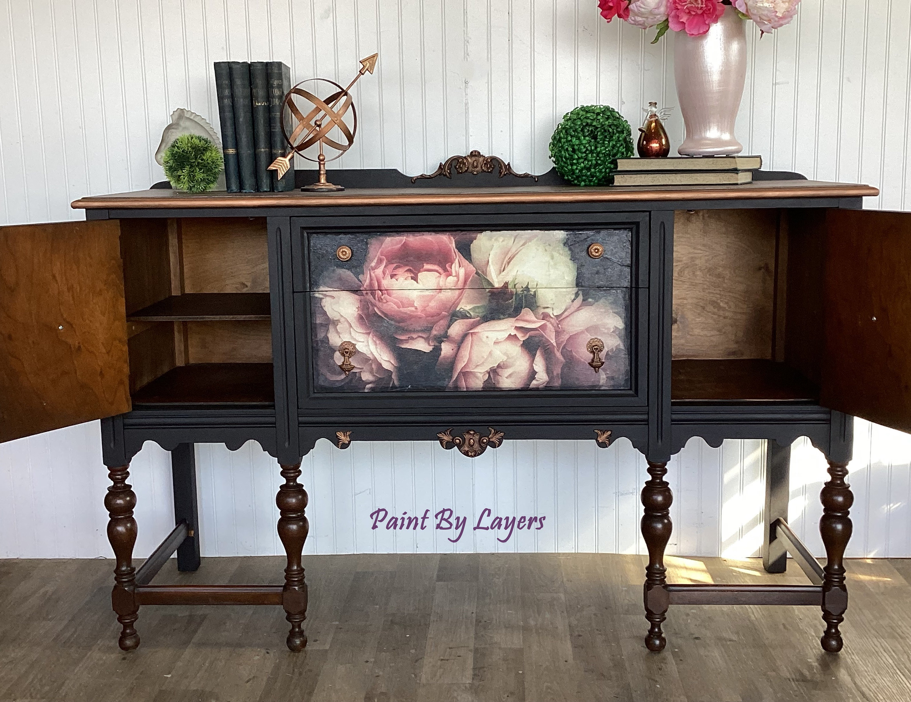 Antique Jacobean Buffet/sideboard/hand-painted Black/decoupage Floral ...