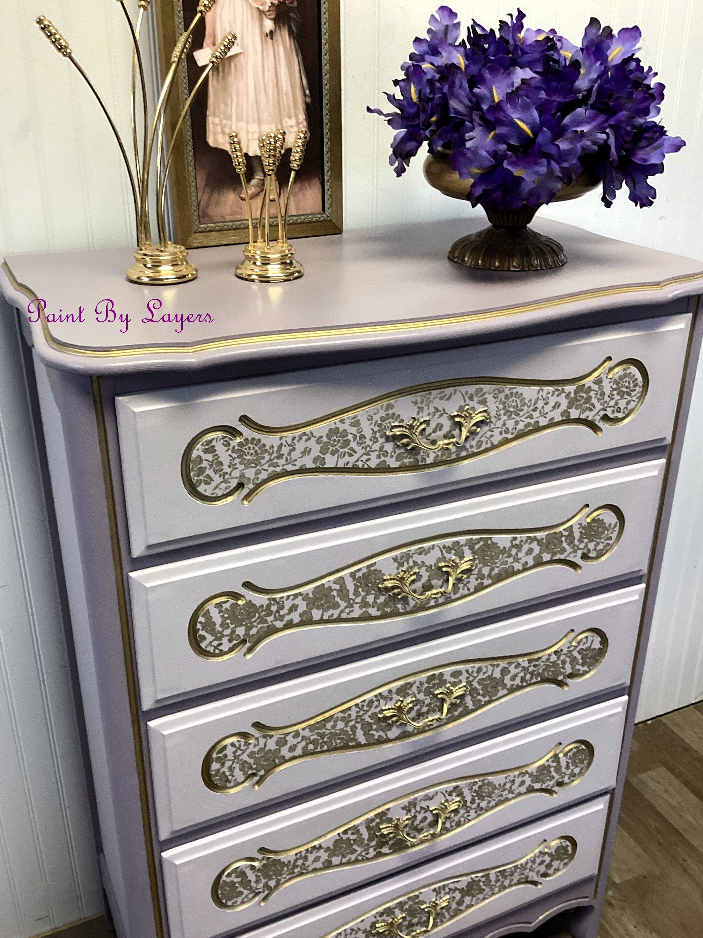 French Provincial Highboy Dresser/ Lavender and Gold Dresser/ Bedroom ...