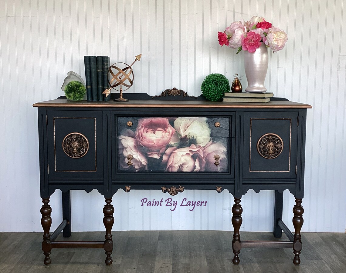 Antique Jacobean Buffet/sideboard/hand-painted Black/decoupage Floral ...