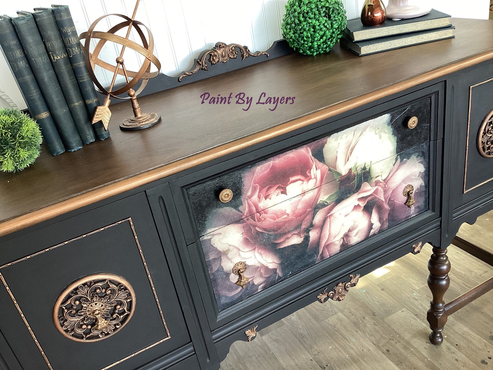 Antique Jacobean Buffet/sideboard/hand-painted Black/decoupage Floral ...