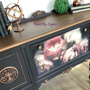 Antique Jacobean Buffet/sideboard/hand-painted Black/decoupage Floral ...