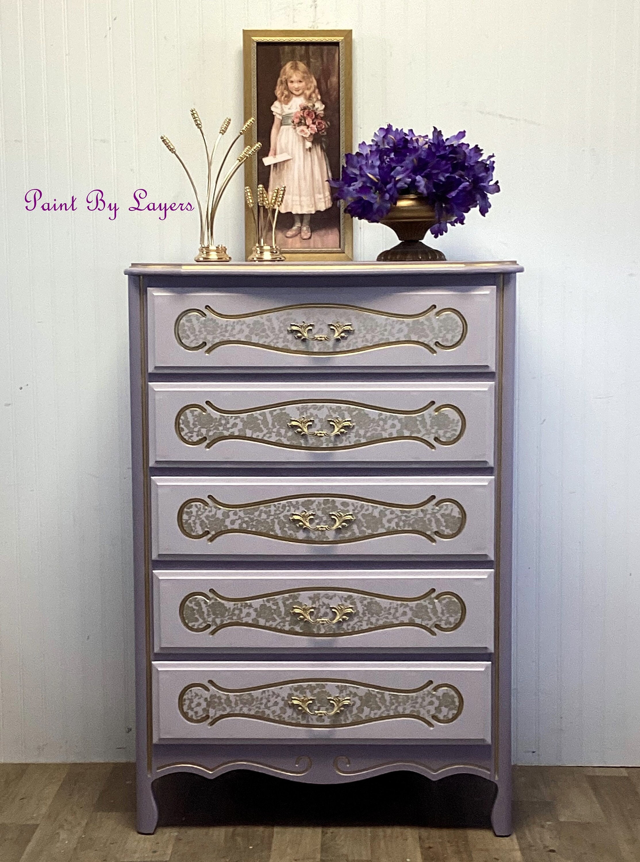 French Provincial Highboy Dresser/ Lavender and Gold Dresser/ Bedroom ...
